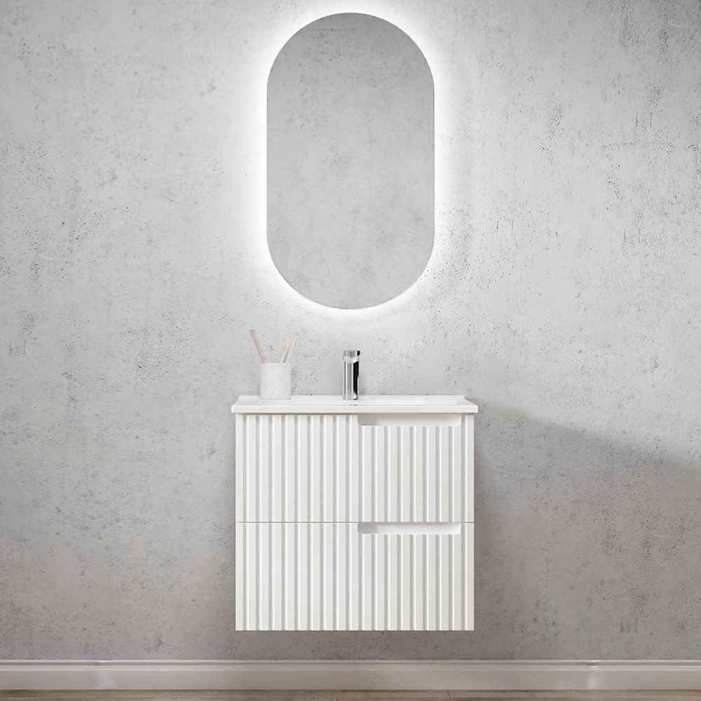 Otti Noosa 600mm Satin White Wall Hung Vanity with Natural Carrara Mar ...