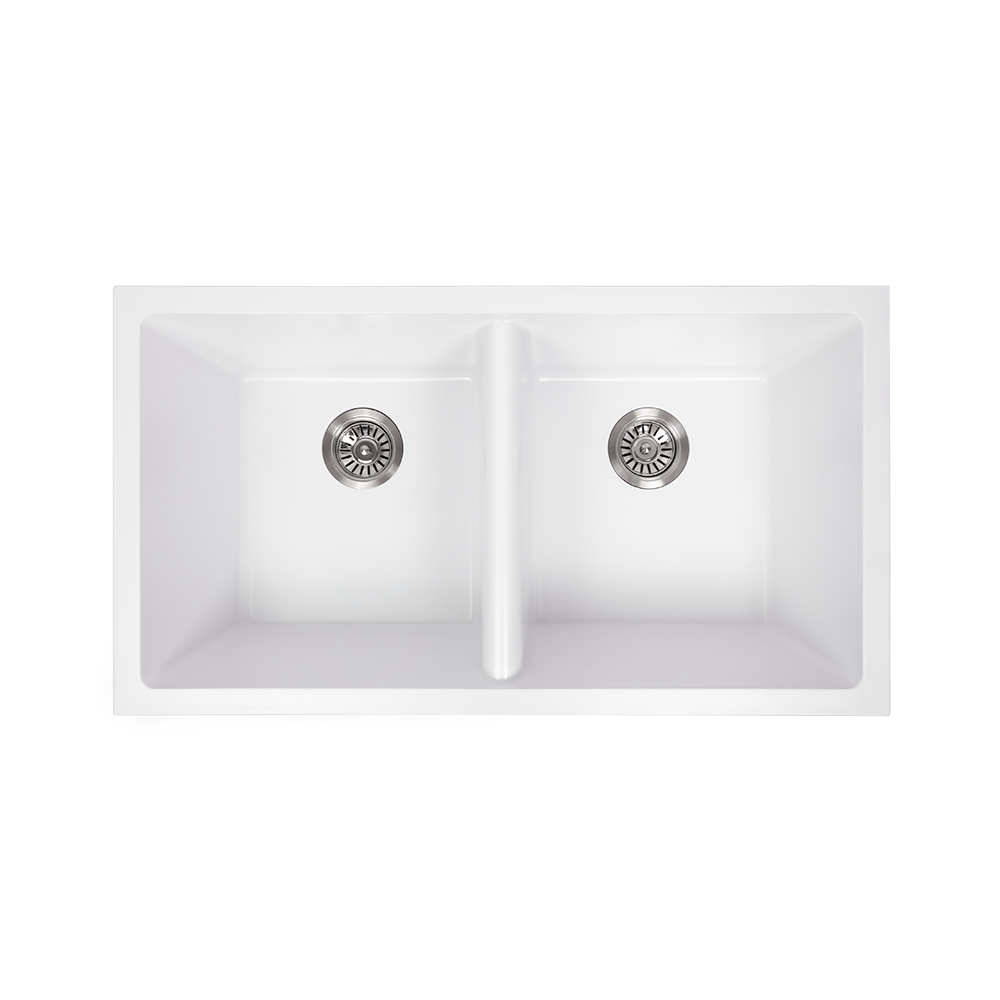 Alma Keith 848x467 White Granite Square Double Bowl Sink – Buildmat