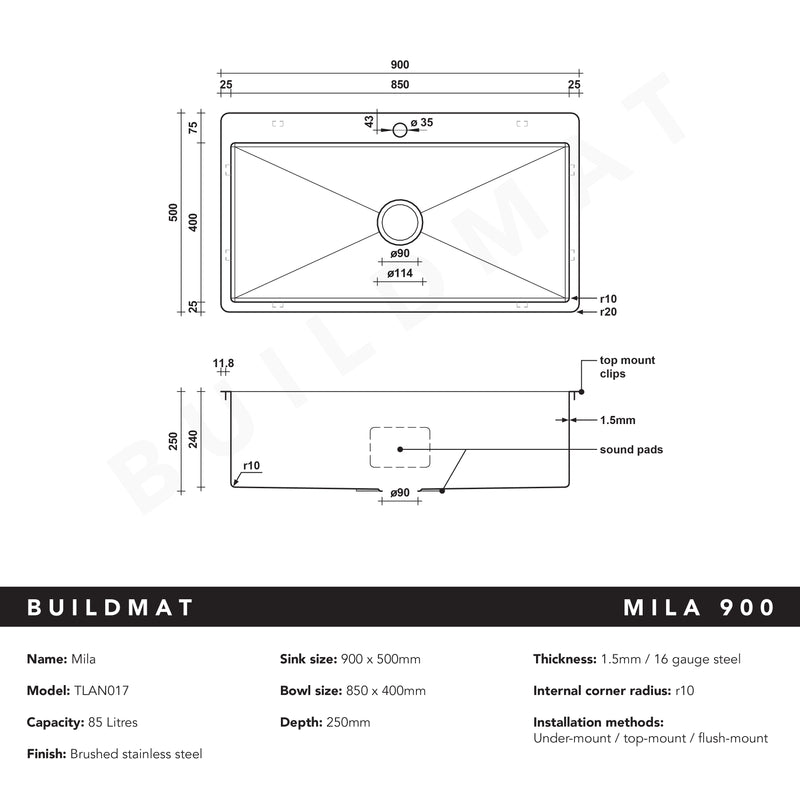Mila 900x500 XXLarge Single Bowl Tap Landing Sink – Buildmat